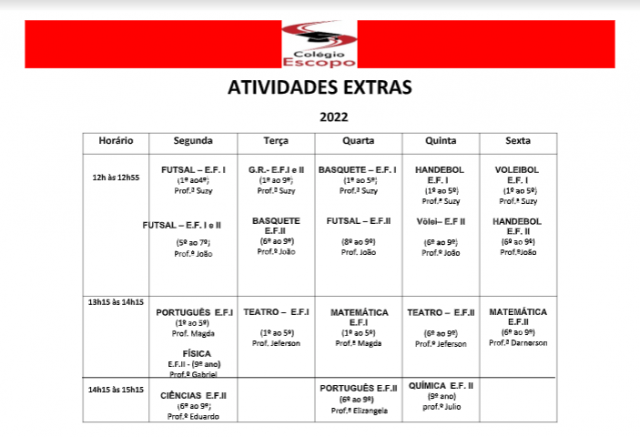 ATIVIDADES EXTRAS – 2022 - Colégio Escopo